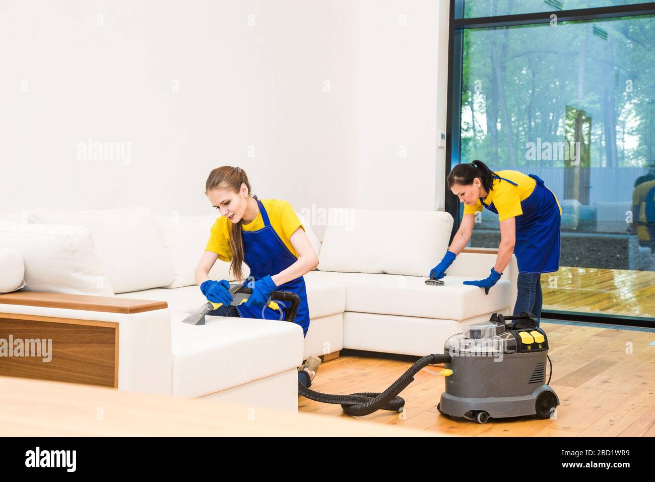 professional cleaning service. Two women in working uniform, in aprons ...
