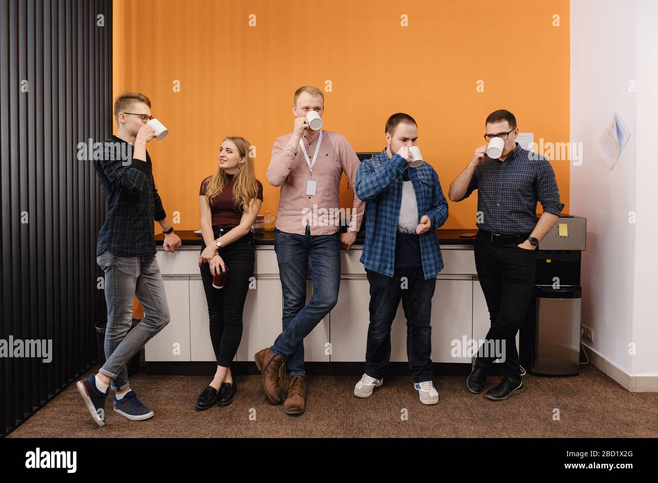 Happy Diverse Colleagues Have Fun At Lunch Break In Office Smiling