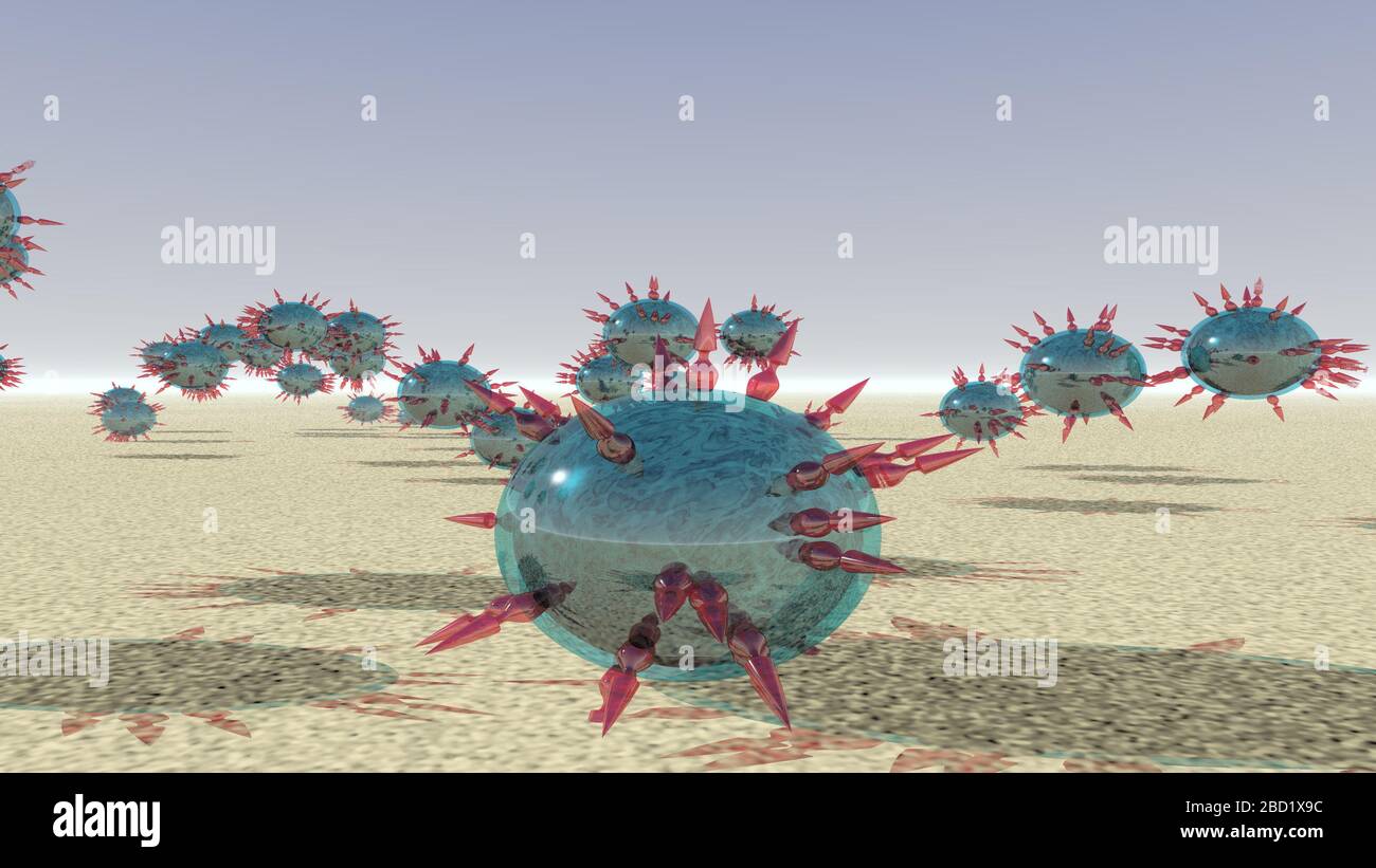 Viral particles floating into the distance; whimsical computer ...