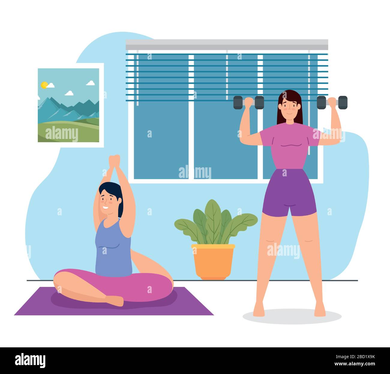 women doing yoga and lifting weights in the house Stock Vector Image ...