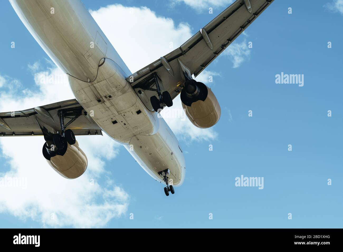 front of a commercial airplane flying seen from below with the landing ...