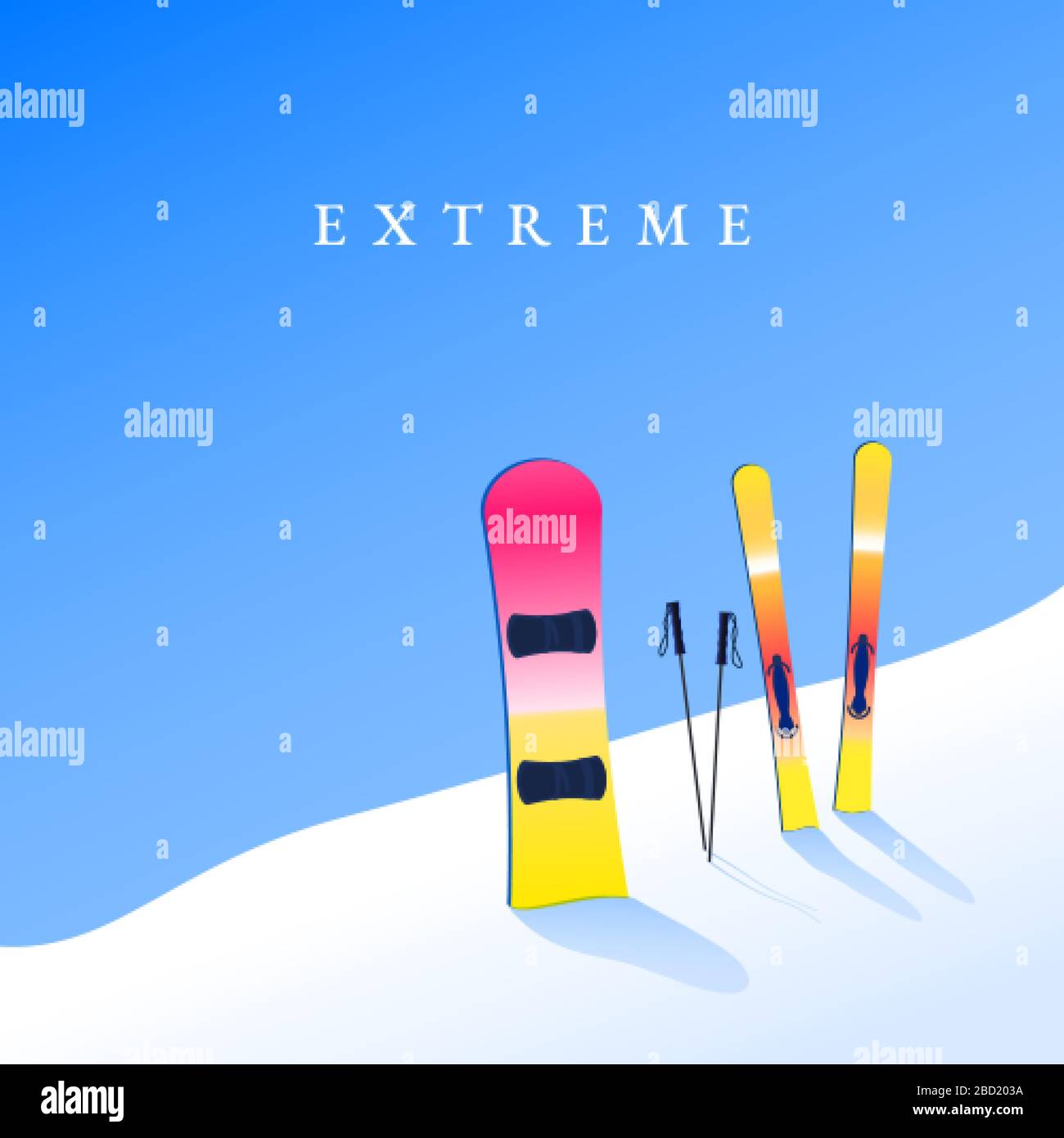 Ski resort. Skiing and snowboard on hillside. Extreme tourism banner ...