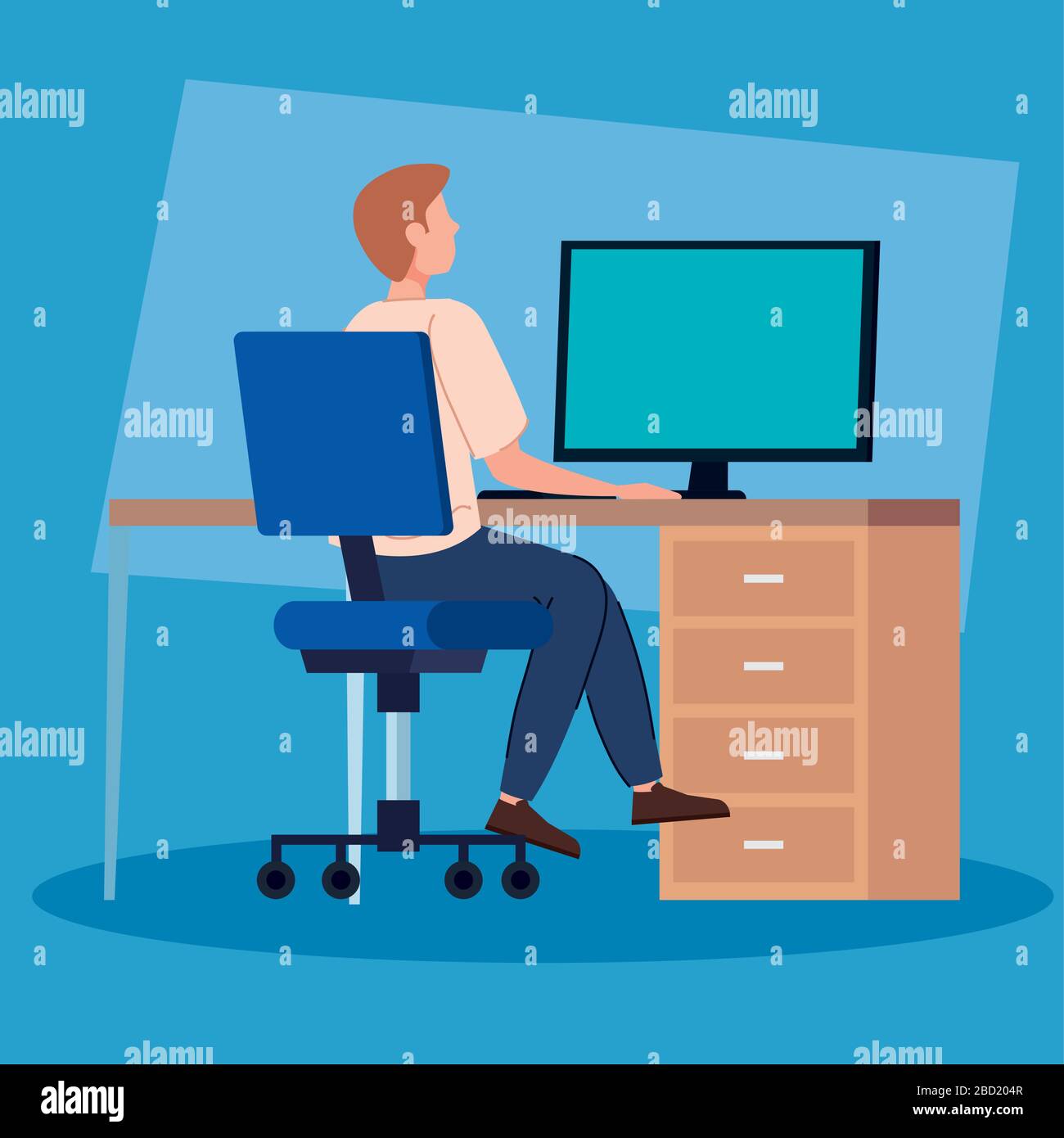 man working in telecommuting with desk and computer Stock Vector Image ...