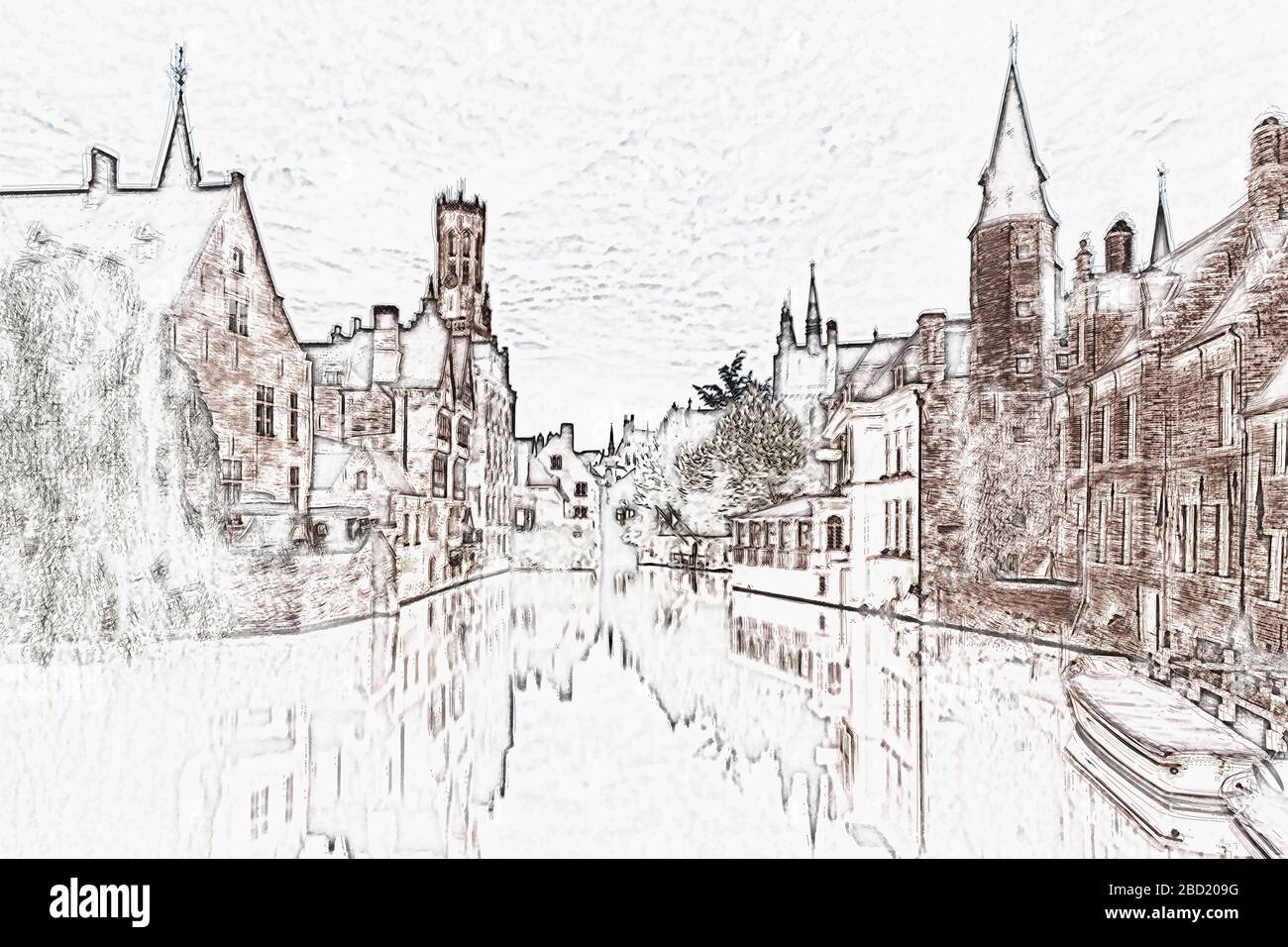 View from Rozenhoedkaai via the Reie river to Belfry, built from 1282 ...