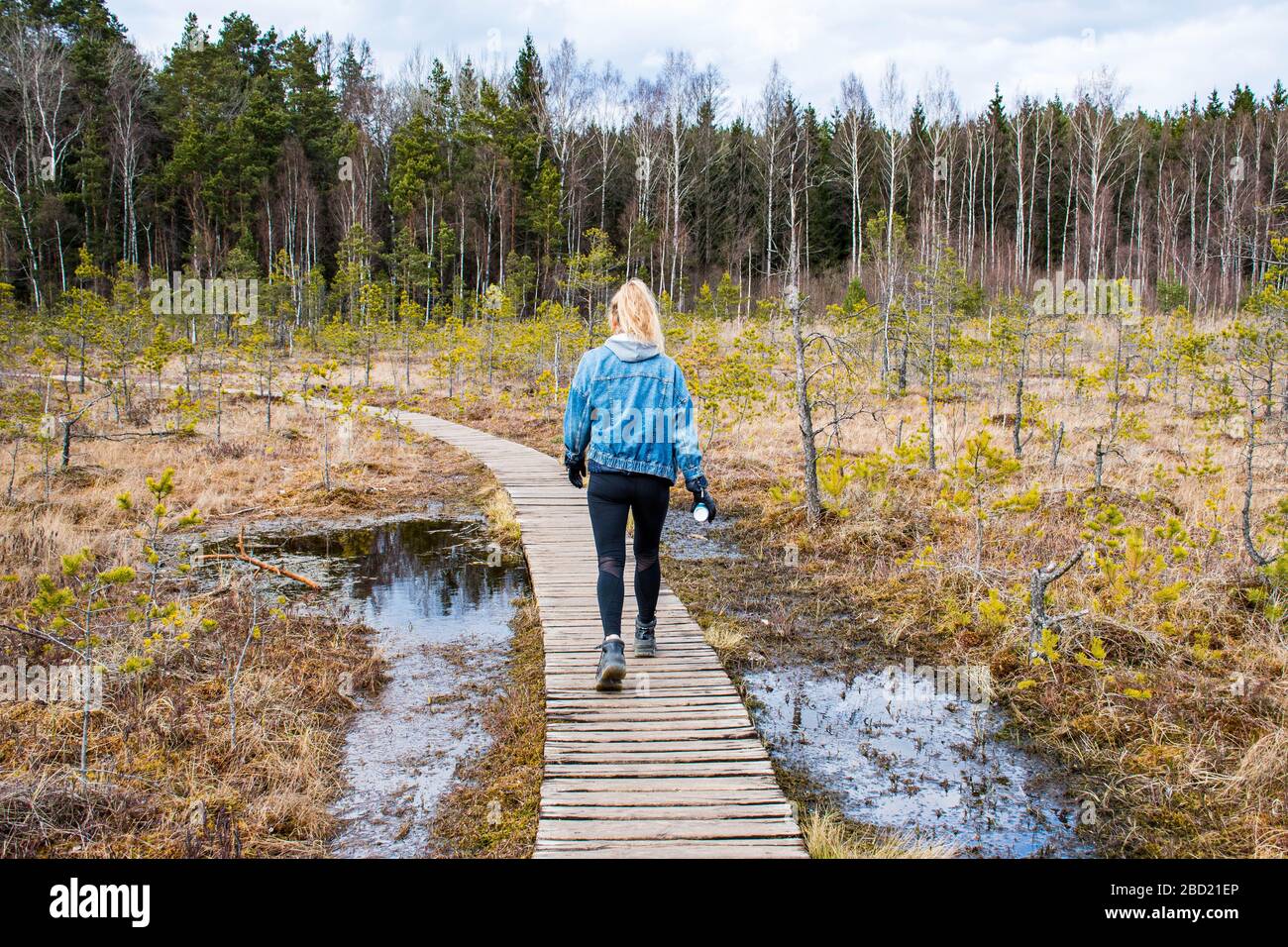 Girl walking on a wooden path in Trakai historical national park ...