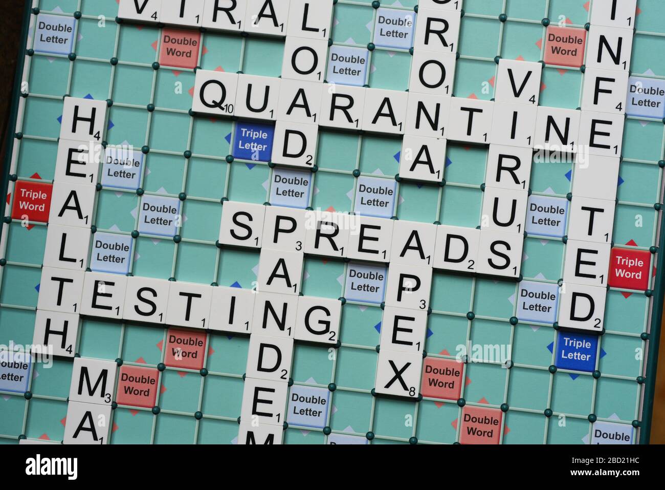Coronavirus related words spelled out on a Scrabble board. Concept ...