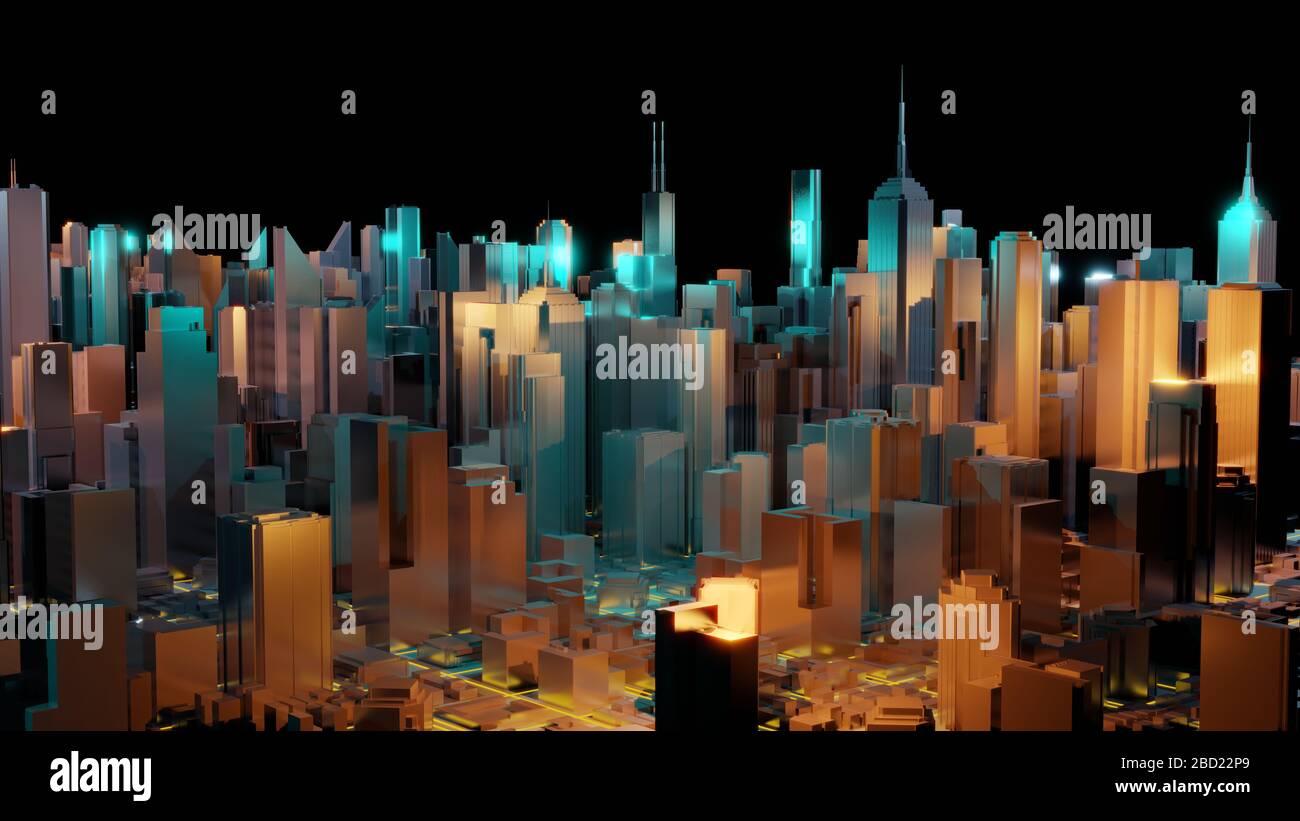Abstract 3d city rendering with lines and digital elements. Digital ...