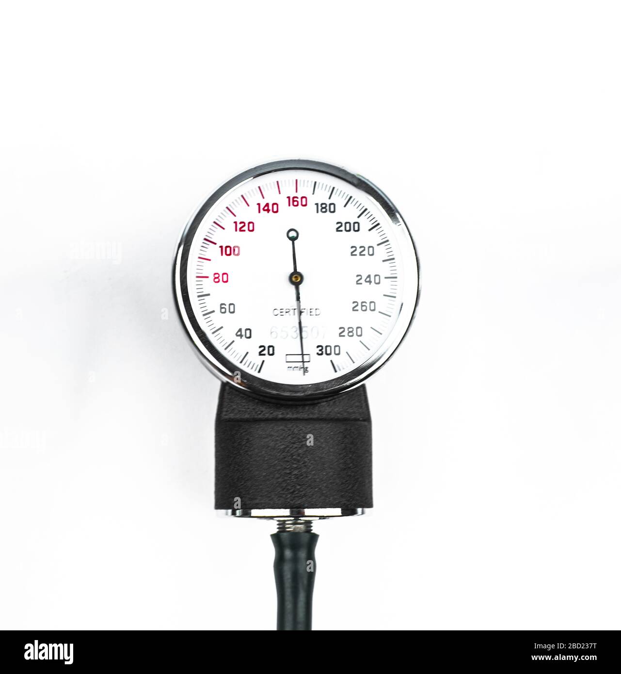 Clock part of a blood pressure measuring machine on an isolated white ...