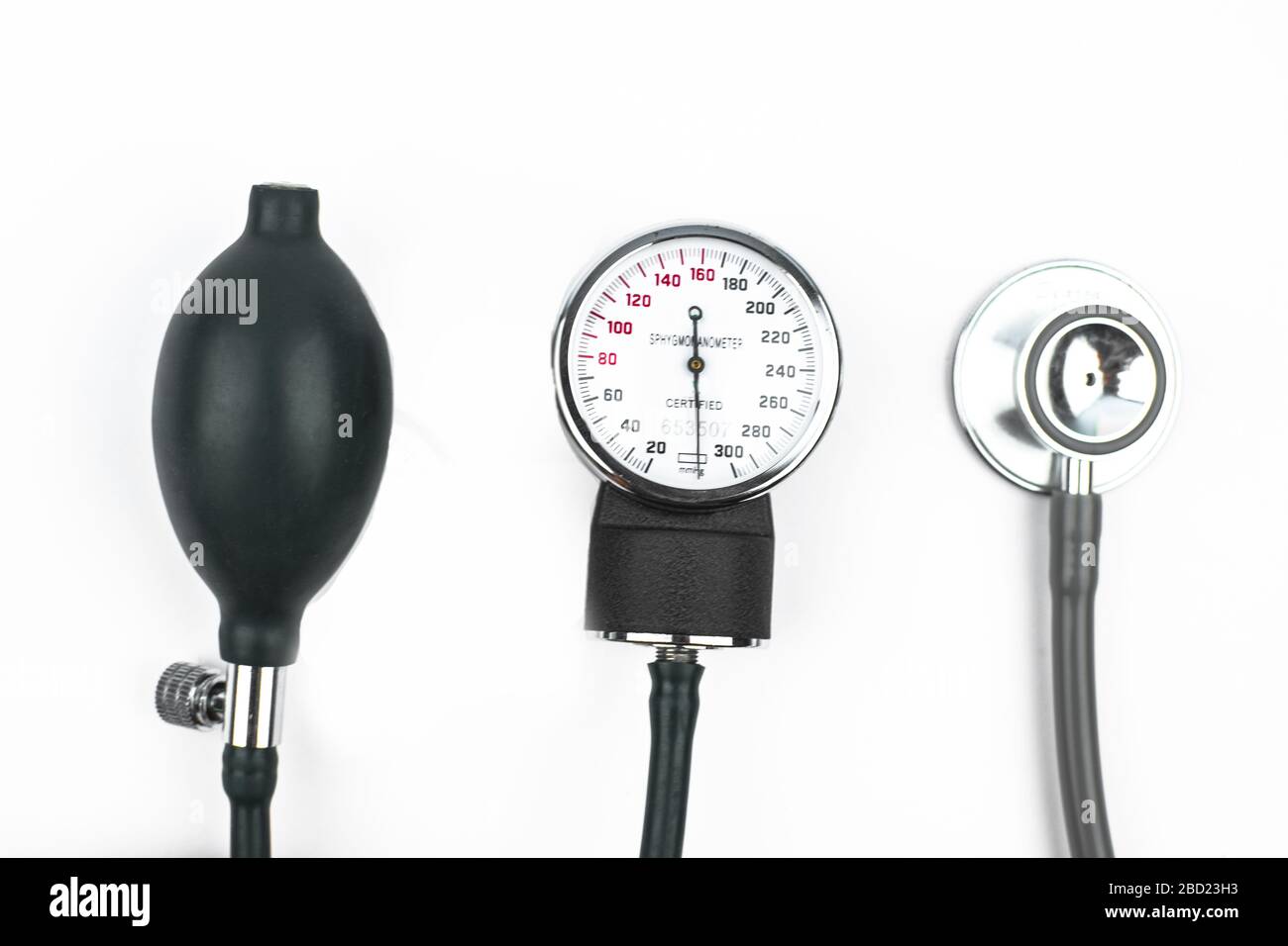 Three various essential part of a blood pressure measuring machine on ...