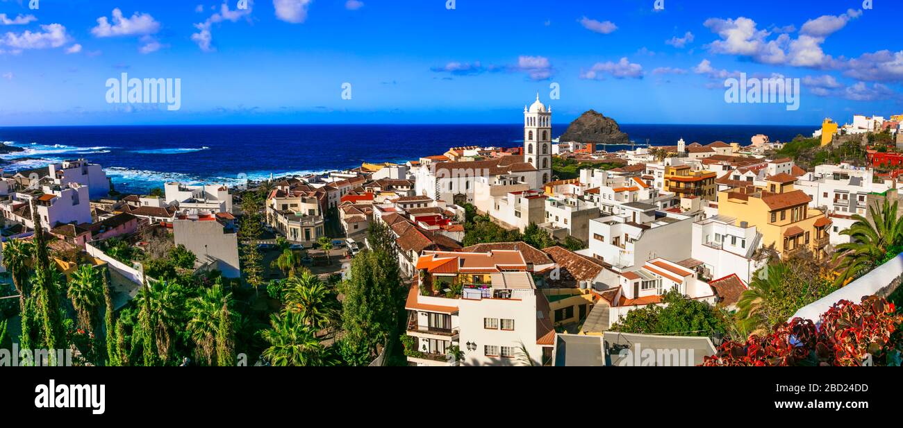 Traditional Garachico village,view with old cathedral,houses and sea ...