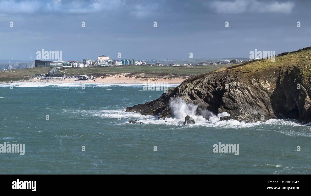 A panoramic view of Fistral Beach and Fistral Bay from Pentire Point ...