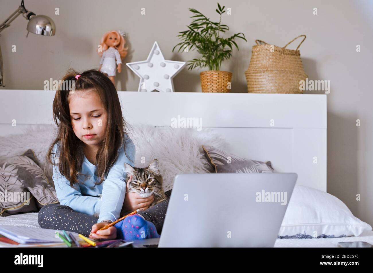 Distance learning online education. Schoolgirl with digital tablet ...