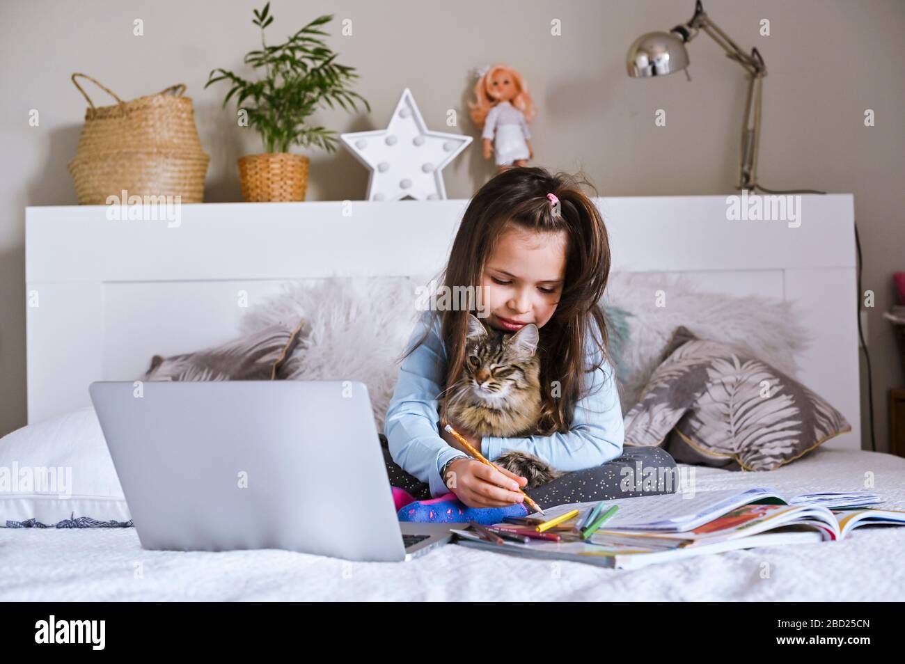 Distance learning online education. Schoolgirl with digital tablet ...