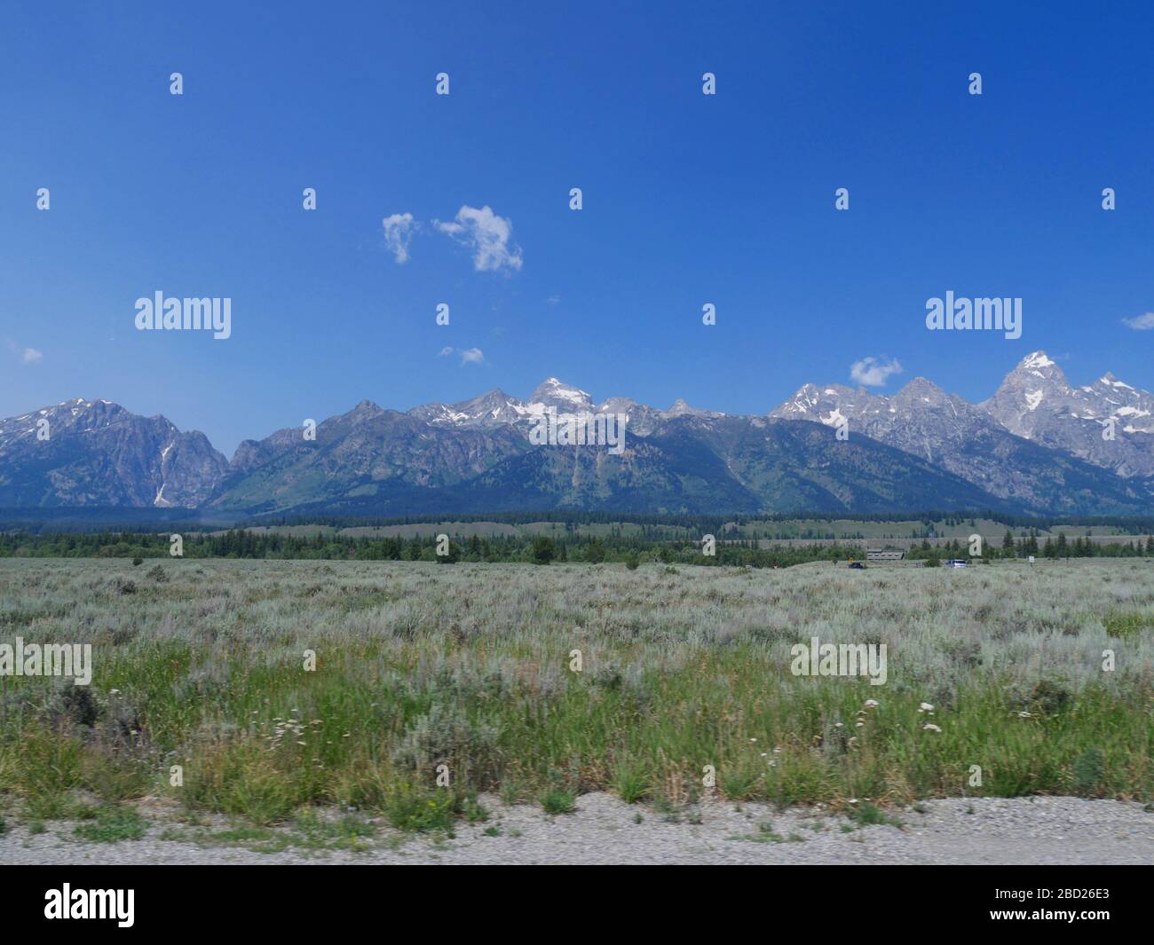 Wide nature view with the Grand Teton mountain ranges in the far ...