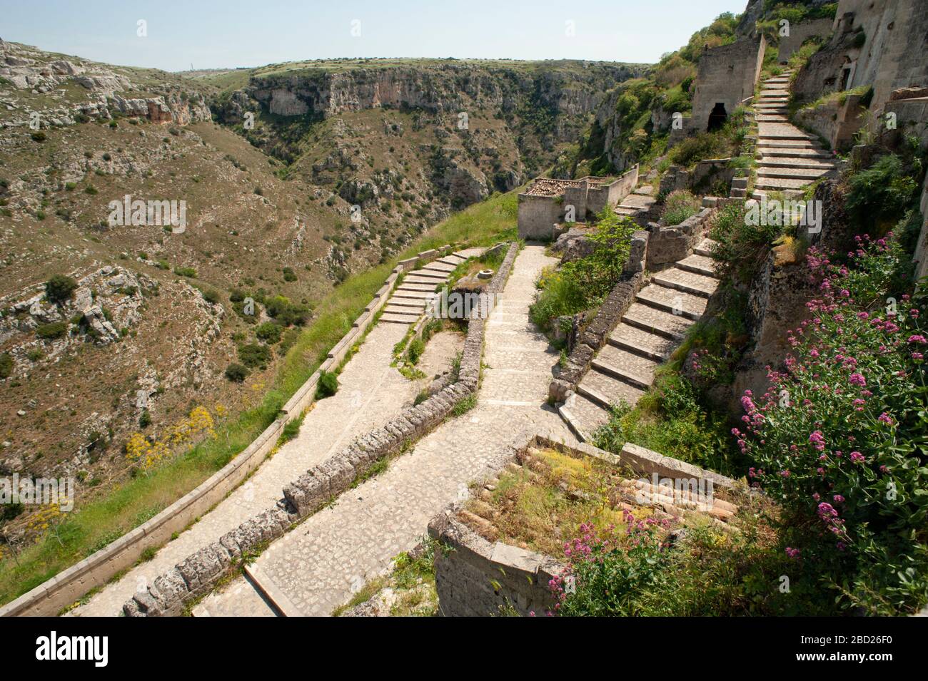 Italy, Basilicata, Matera, Sassi, Sasso Caveoso, stairways and Gravina ...
