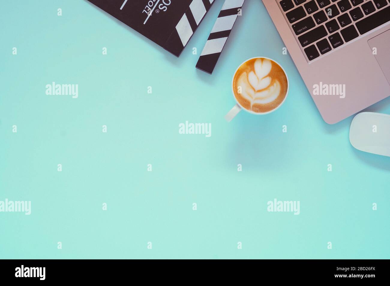 Vintage Tablet mockup flat lay on blue table top background texture ...