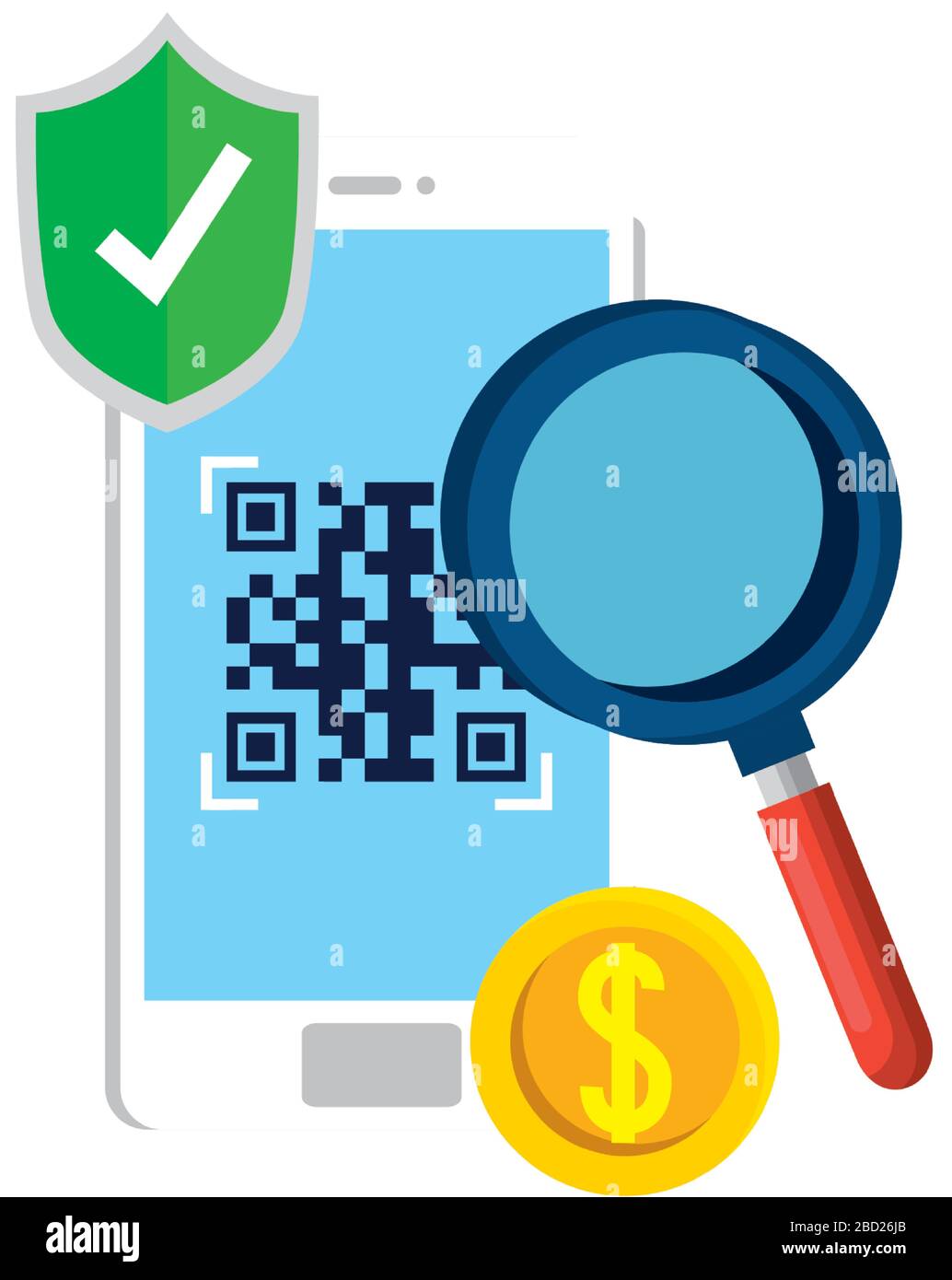 qr code inside smartphone shield and lupe vector design Stock Vector ...