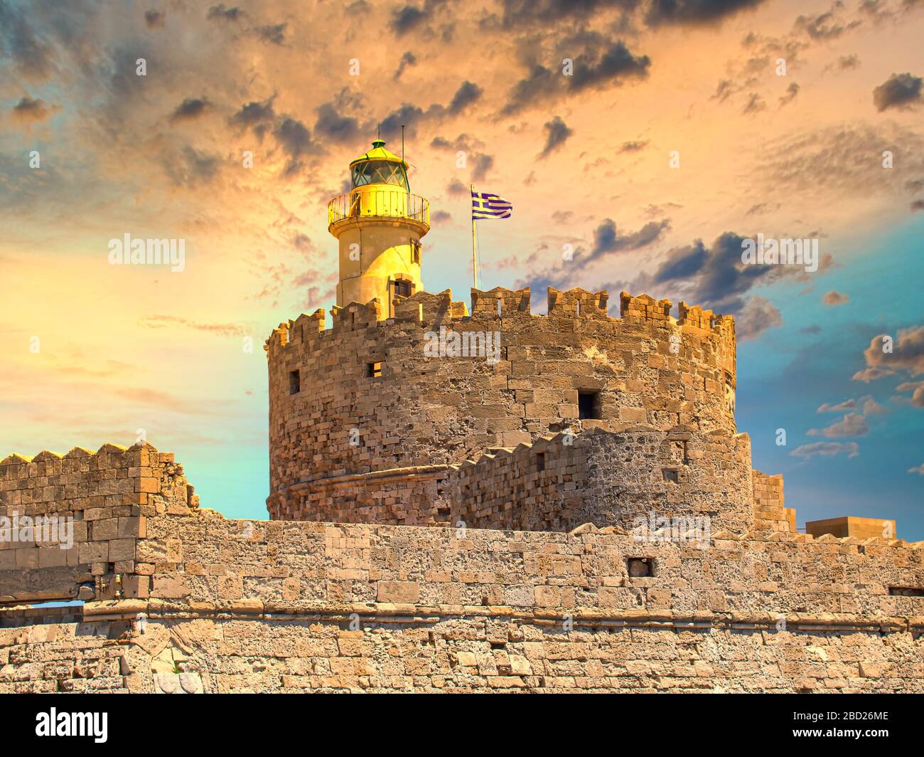 View of the famous Medieval City of Rhodes with lighthouse in the ...