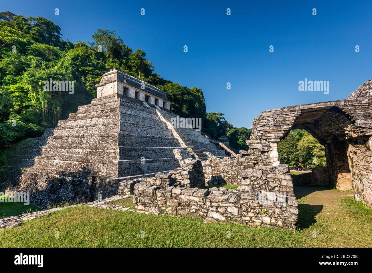Templo de las Inscriptiones, from passage at El Palacio, Maya ruins at ...