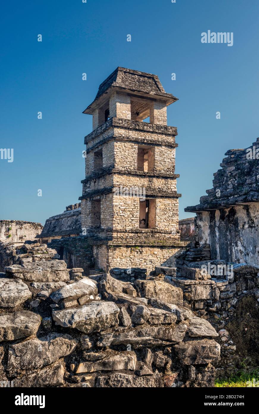 Observation Tower at El Palacio, Maya ruins at Palenque archaeological ...