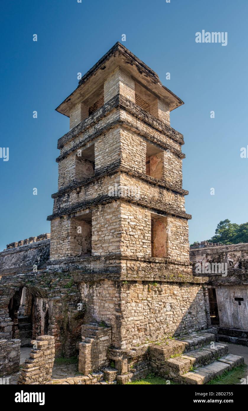 Observation Tower at El Palacio, Maya ruins at Palenque archaeological ...