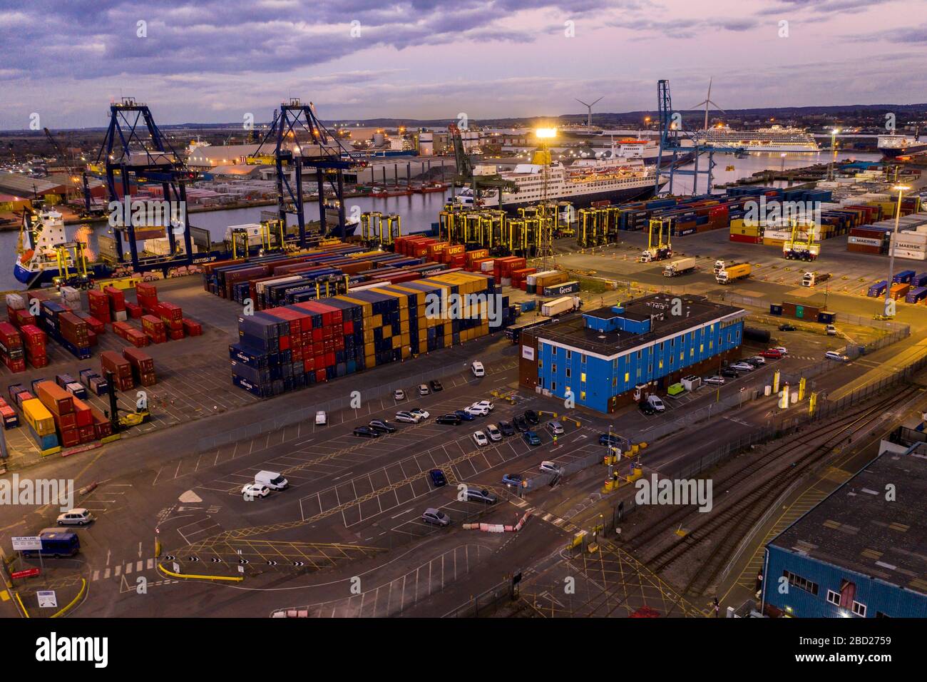 Aerial image of Love NHS spelt in containers at the Port of Tilbury ...
