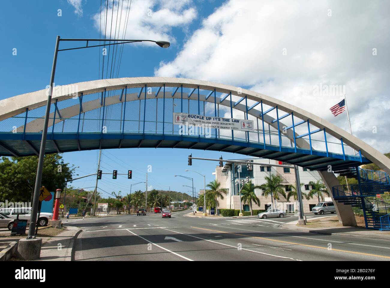 The pedestrian bridge over Veterans Drive in Charlotte Amalie town on ...