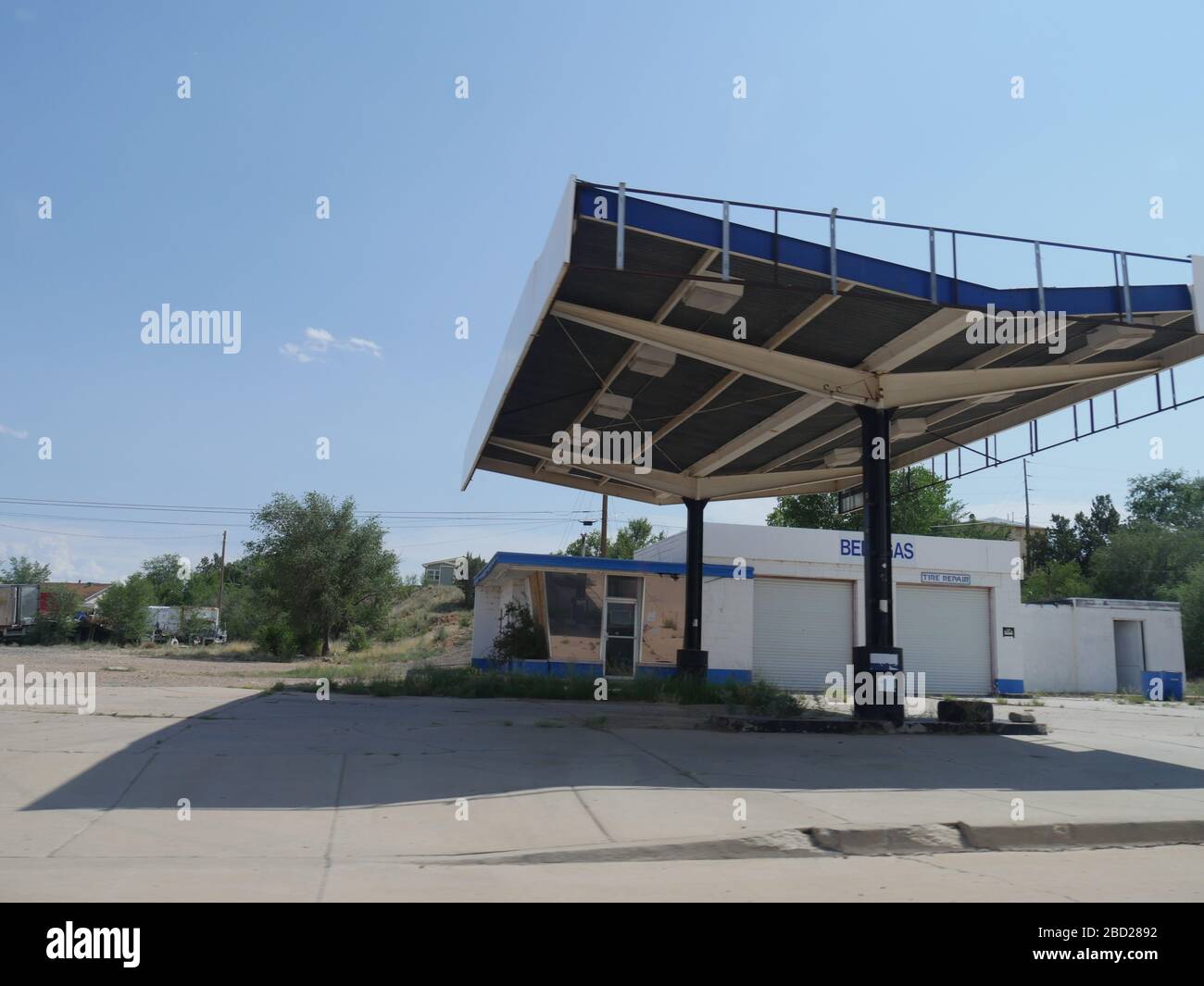 Sta Rosa, New Mexico- August 2018: Facade of a former gasoline station ...