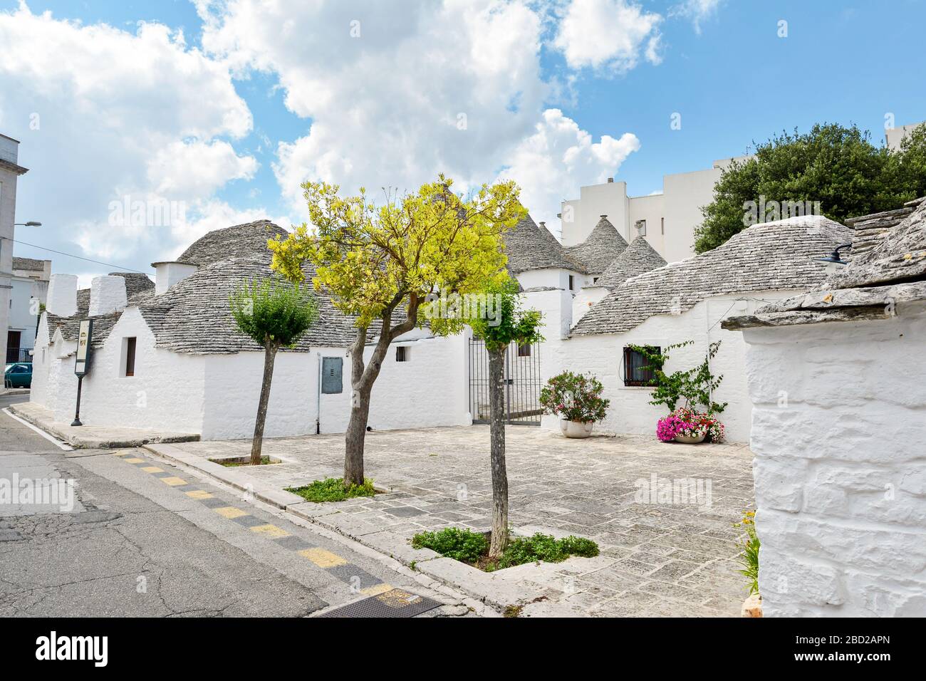 Scenic panoramic view of Alberobello town and its typical trulli ...