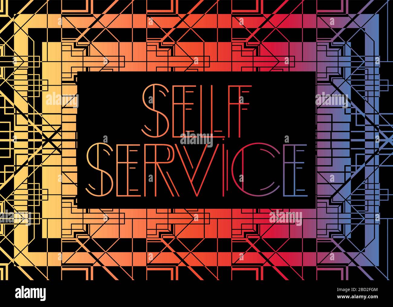 Art Deco Self Service text. Decorative greeting card, sign with vintage ...
