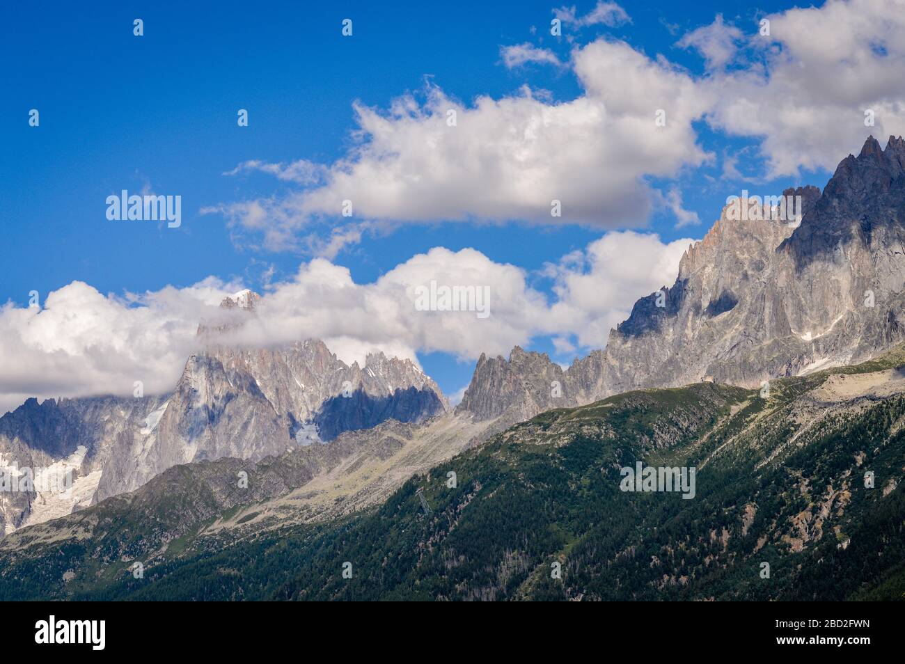 French Alps mountains in a cloudy summer day, seen from Les Houches ...