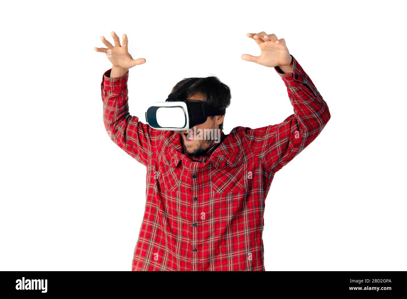 Young caucasian man emotional playing, using virtual reality headset ...