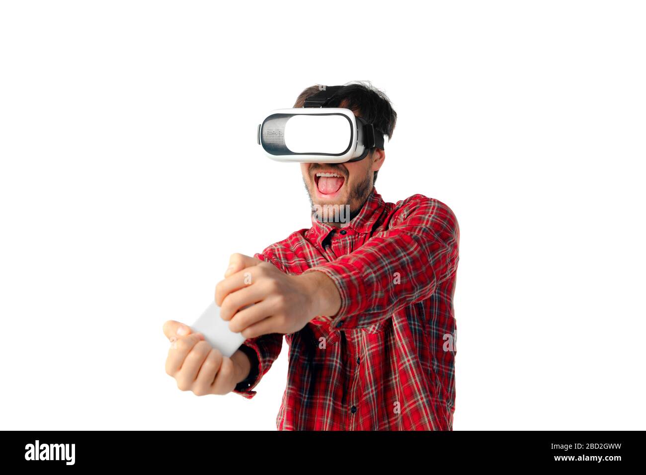 Young caucasian man emotional playing, using virtual reality headset ...