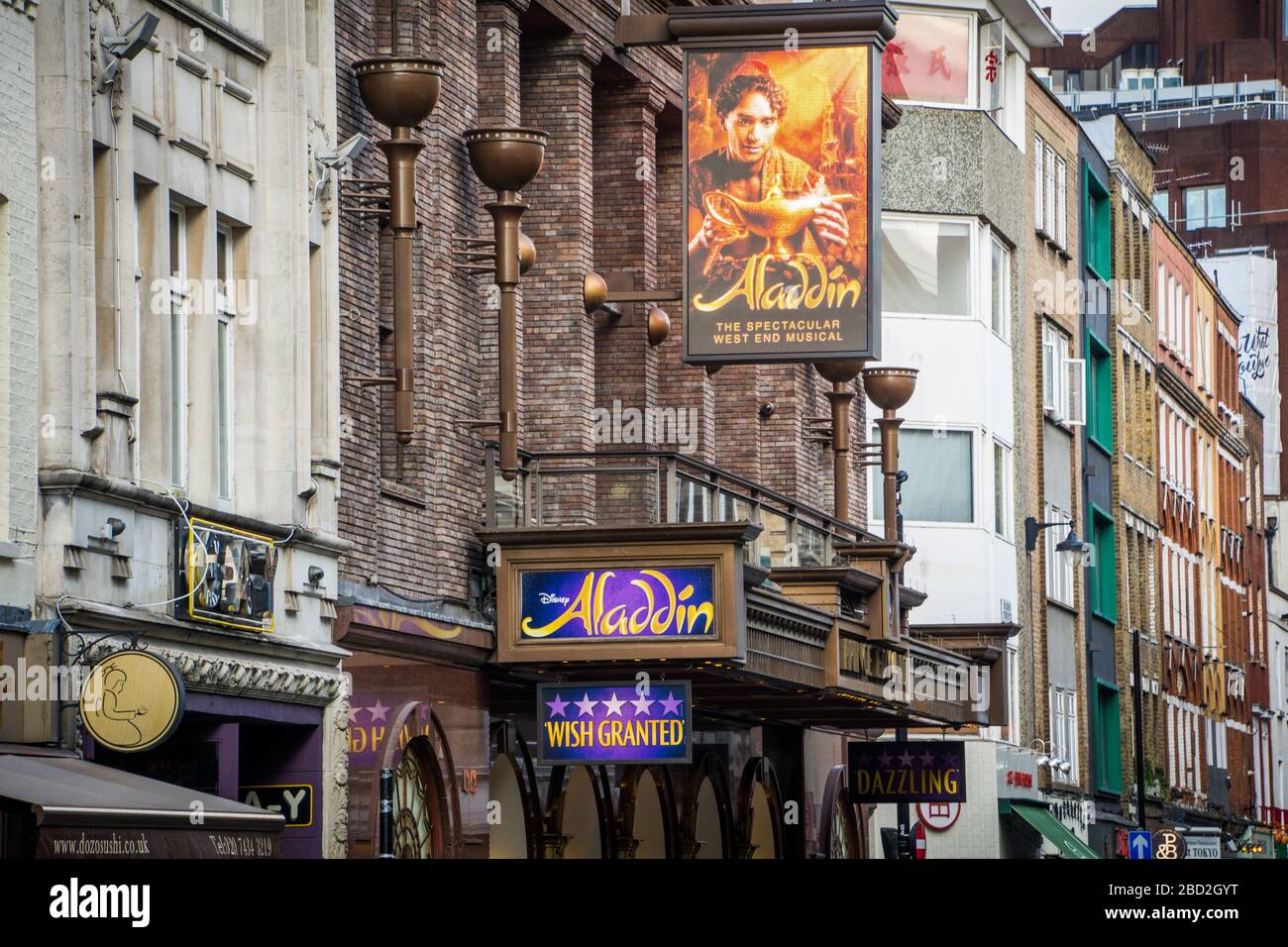 LONDON- Exterior of the Prince Edward theatre showing Aladdin. A ...