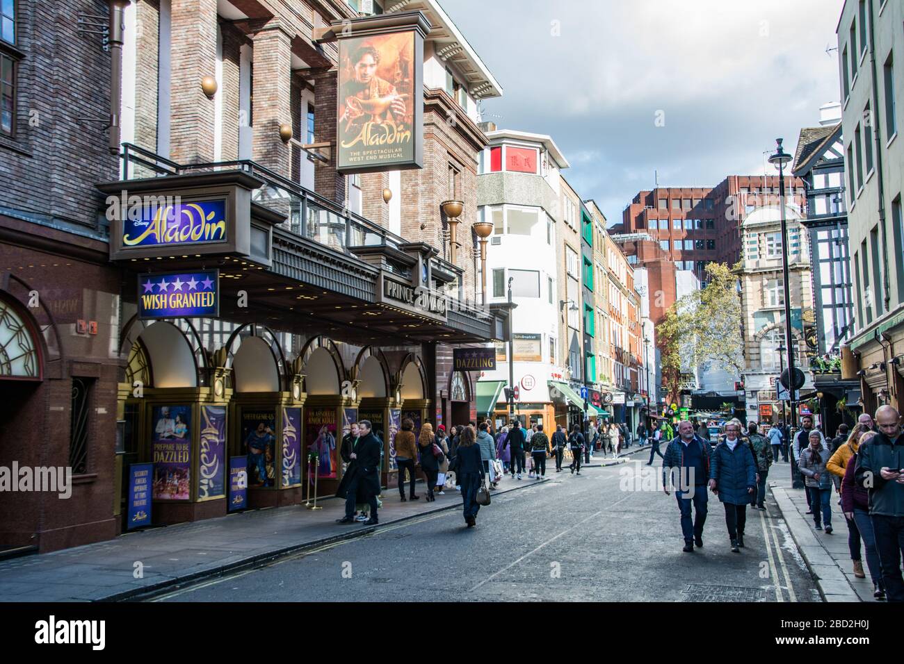 LONDON- Exterior of the Prince Edward theatre showing Aladdin. A ...