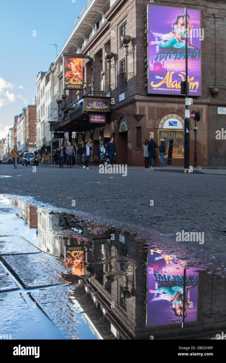 LONDON- Exterior of the Prince Edward theatre showing Aladdin. A ...