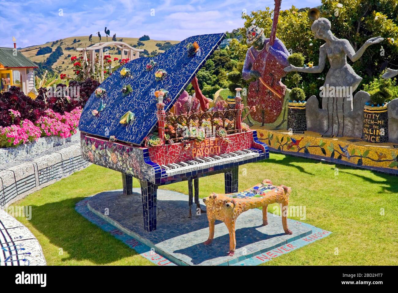 whimsical piano sculpture, colorful mosaics, bass player, by Josie ...