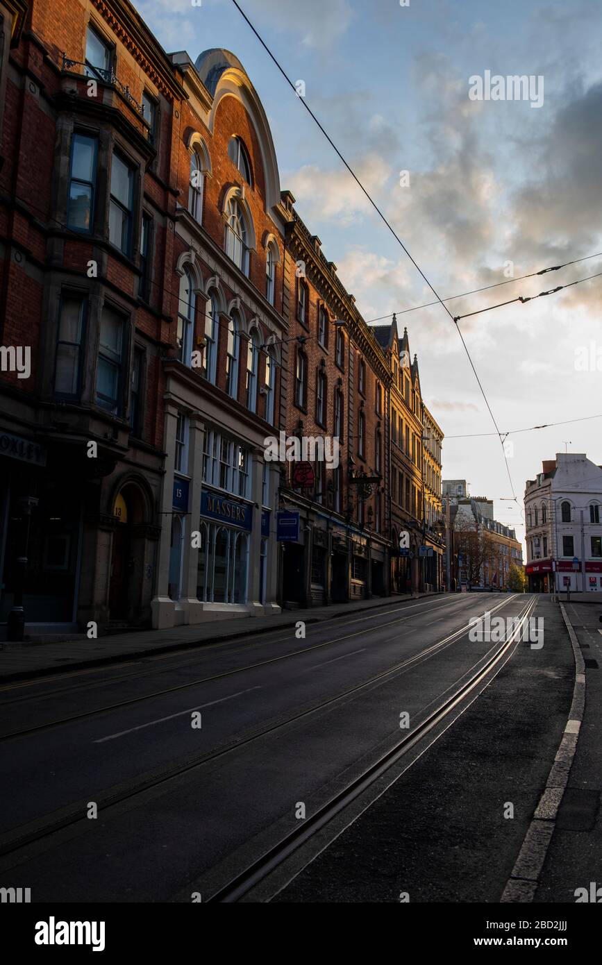 Victoria Street at sunrise in Nottingham City, captured during the ...