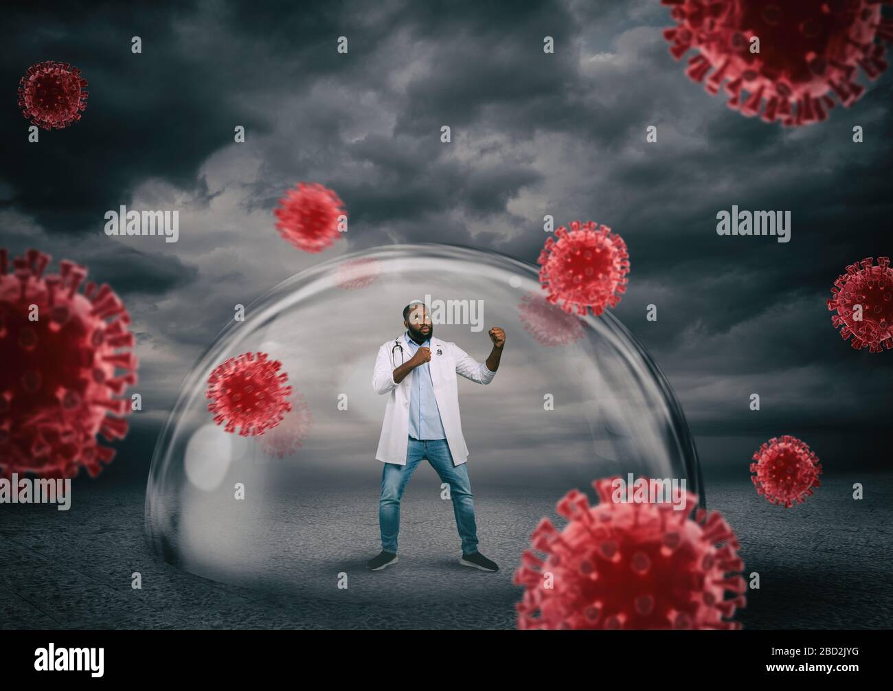 Doctor safely inside a shield dome that protects him from virus ...