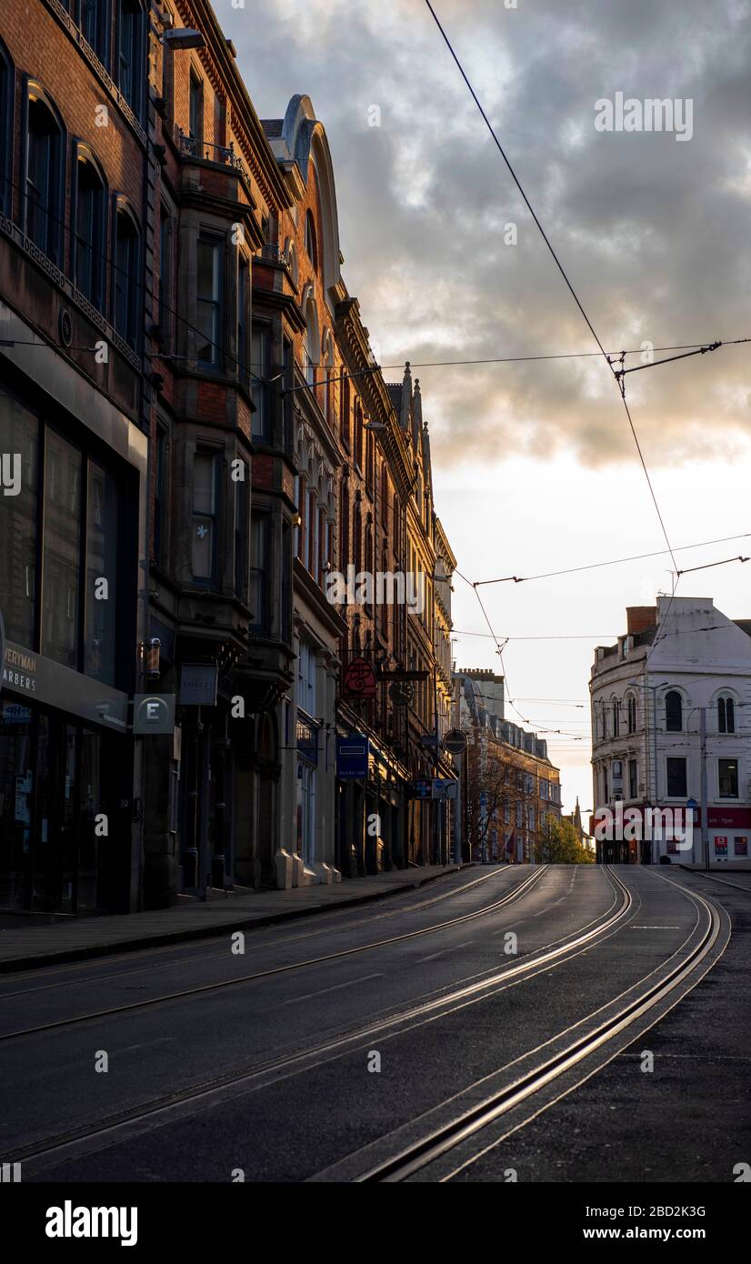 Victoria Street at sunrise in Nottingham City, captured during the ...