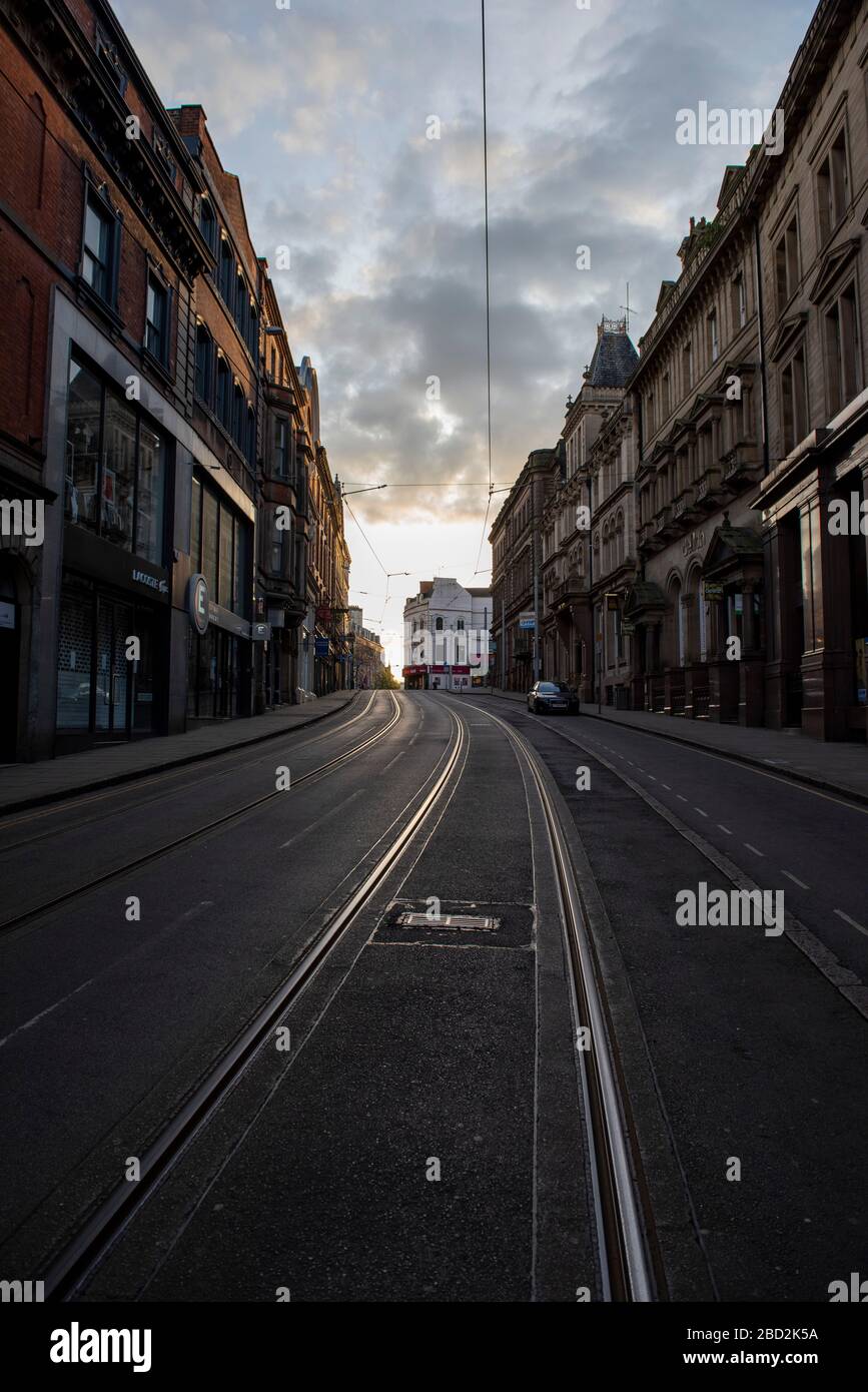 Victoria Street at sunrise in Nottingham City, captured during the ...