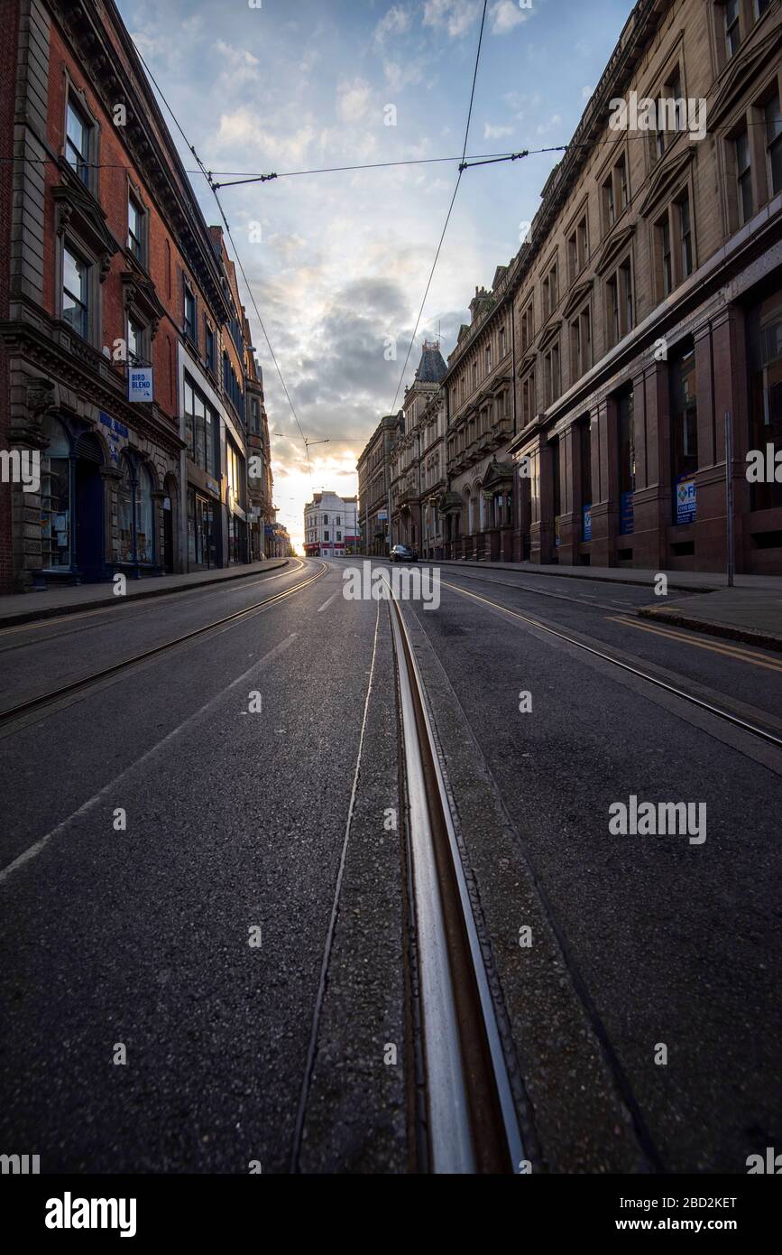 Victoria Street at sunrise in Nottingham City, captured during the ...