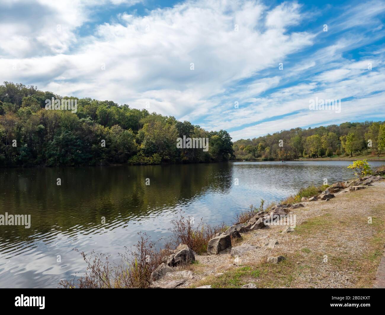 Twin Lakes in the Laurel Highlands of Pennsylvania. Water with a trail ...
