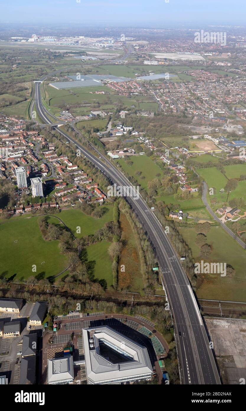 aerial view looking up the A555 Manchester Airport Relief Road towards ...
