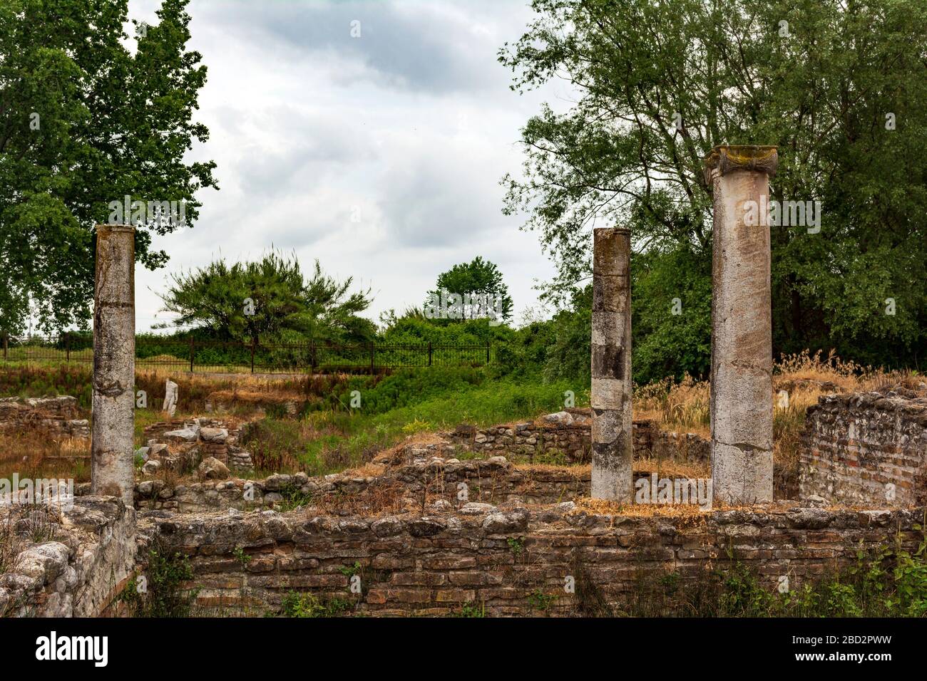 Ancient column ruins in the Dion Archaeological Site at Greece Stock ...