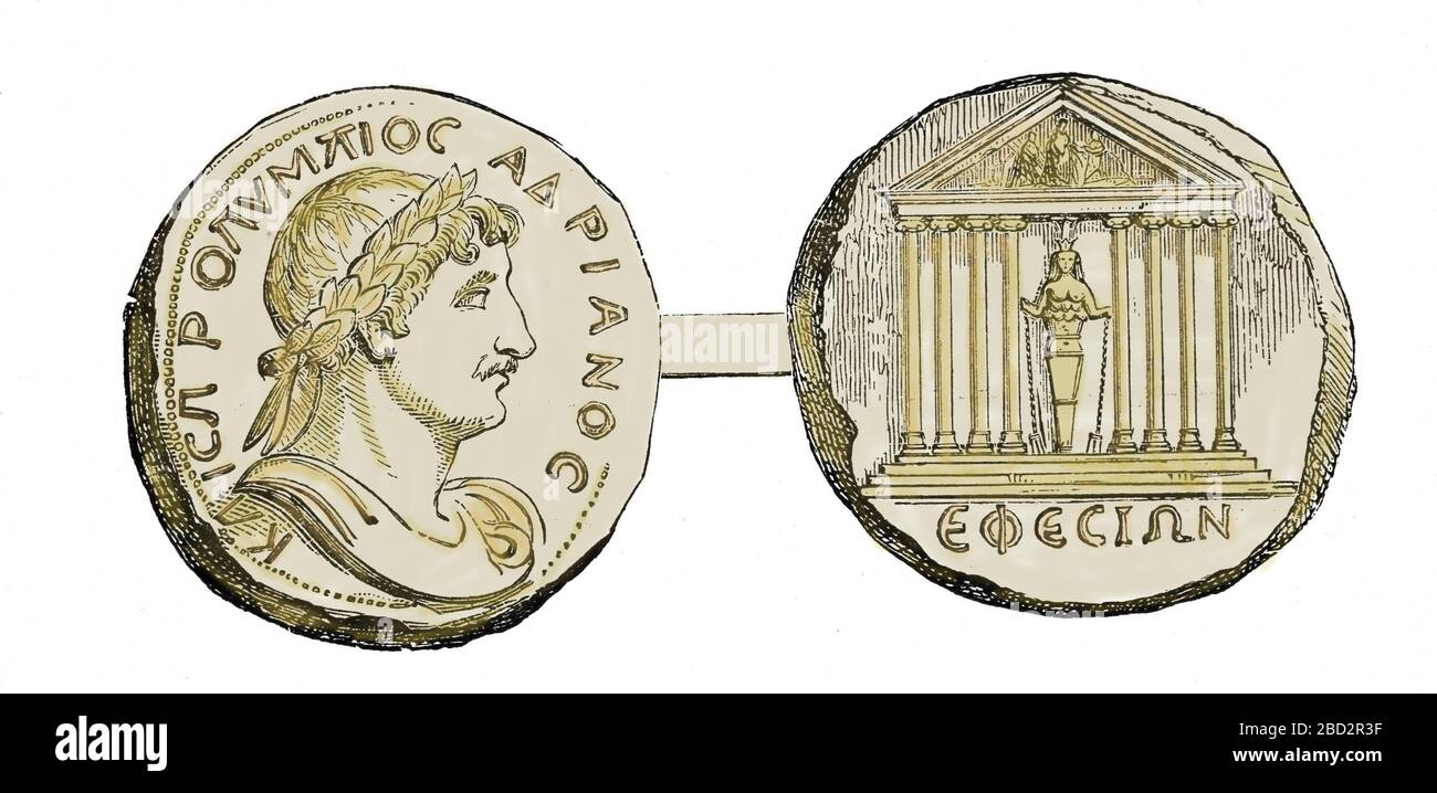 Coin of Ephesus depicting of great temple of Artemis with statue of ...