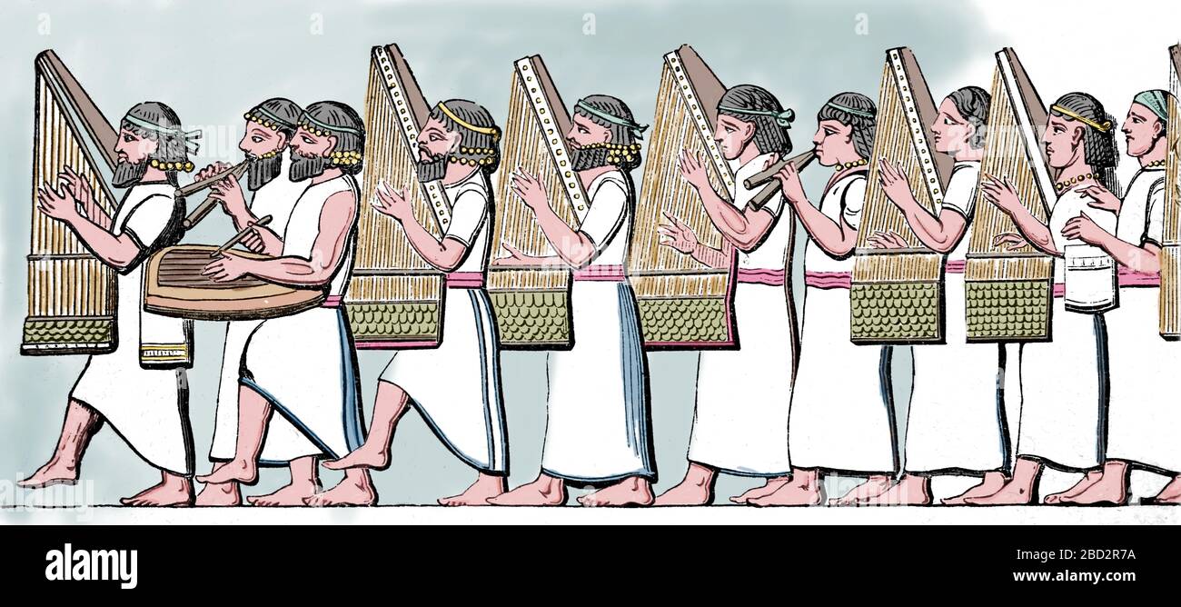 Old Assyrian Empire. Musicians. Engraving, 19th century Stock Photo - Alamy