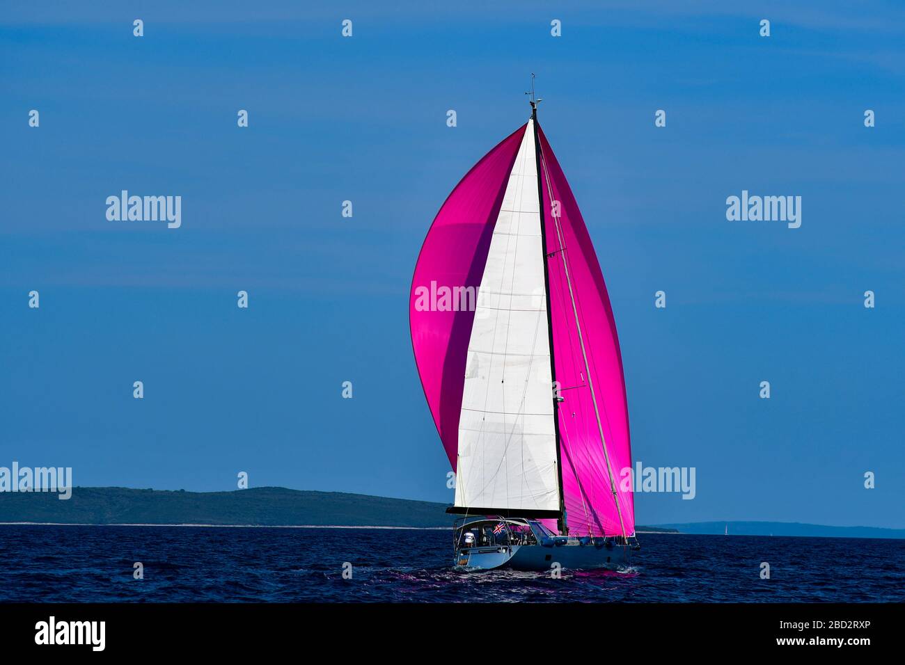 Sailing boat on open sea with big crimson (pink) spinnaker sail Stock ...