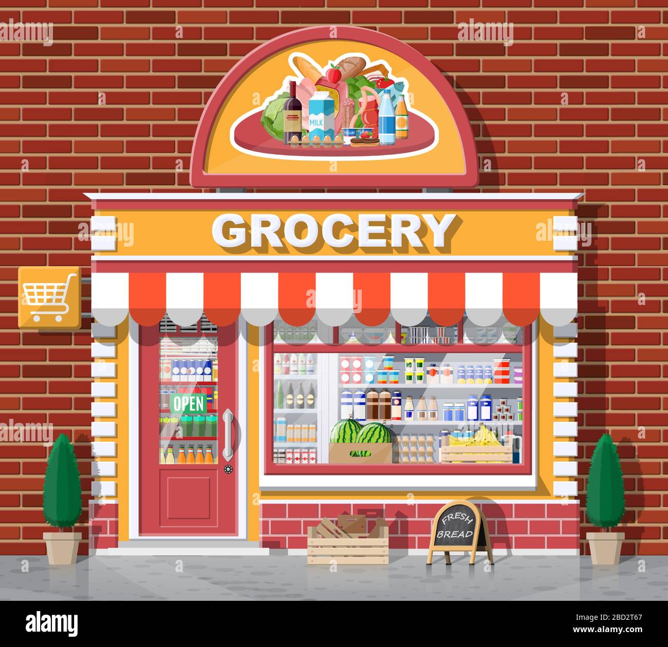 Grocery store front with window and door. Wooden and brick facade ...