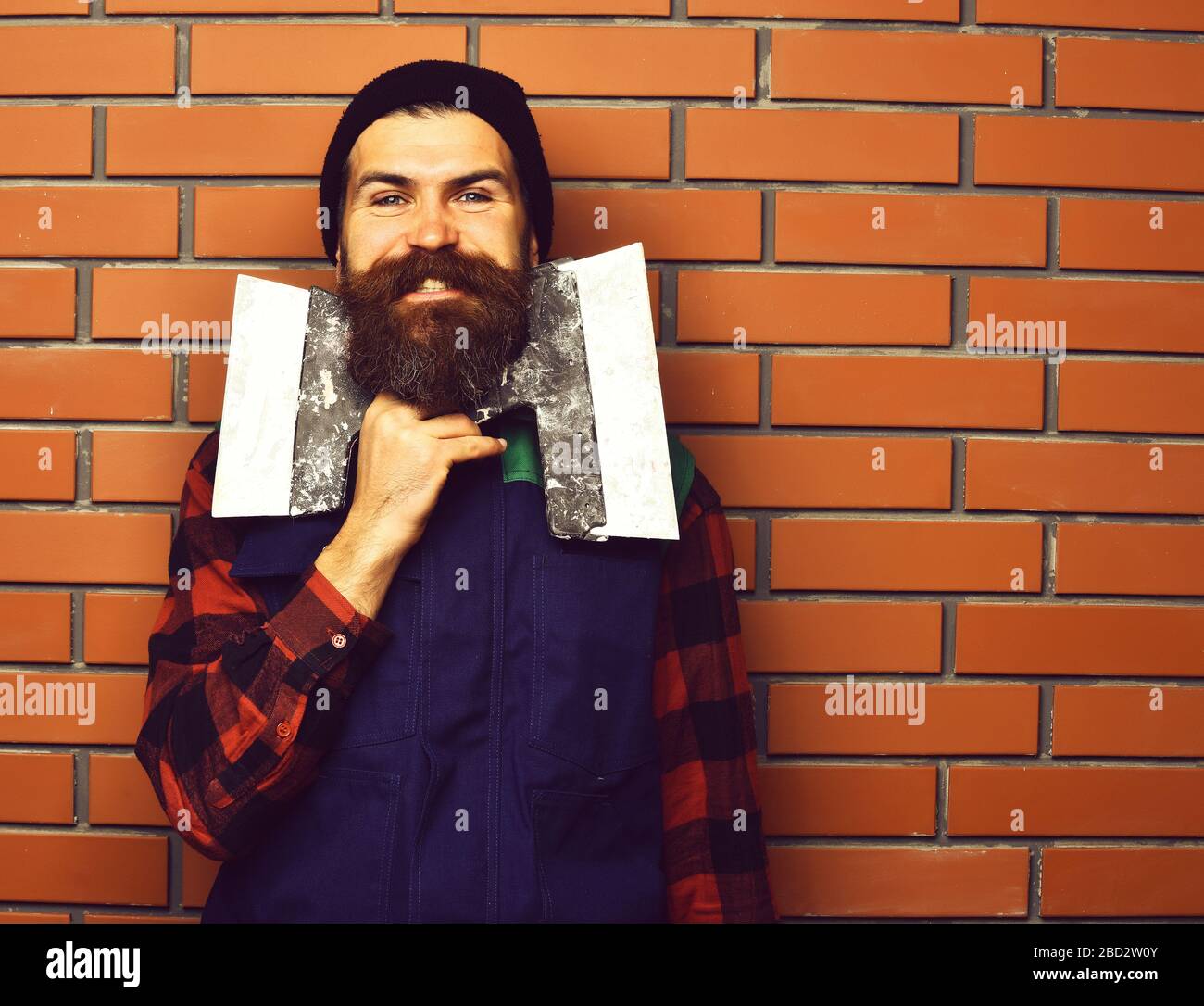 bearded worker man, long beard, brutal caucasian hipster with moustache ...